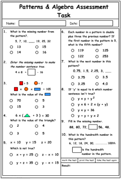 Patterns And Algebra Mathematics Skills Online Interactive Activity 