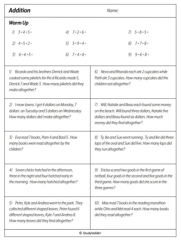 Adding 3 Single Digit Numbers problem Solving Studyladder