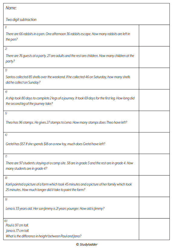 Subtracting Two Digit Numbers problem Solving Studyladder 