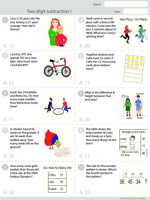 Subtracting Two Digit Numbers problem Solving Studyladder