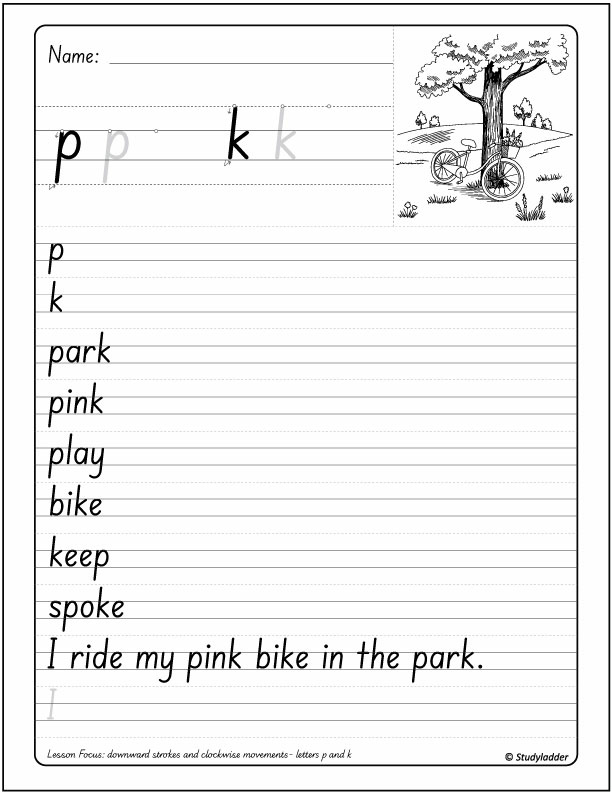 Downward Strokes and Clockwise Letters: p and k (SA) - Studyladder ...