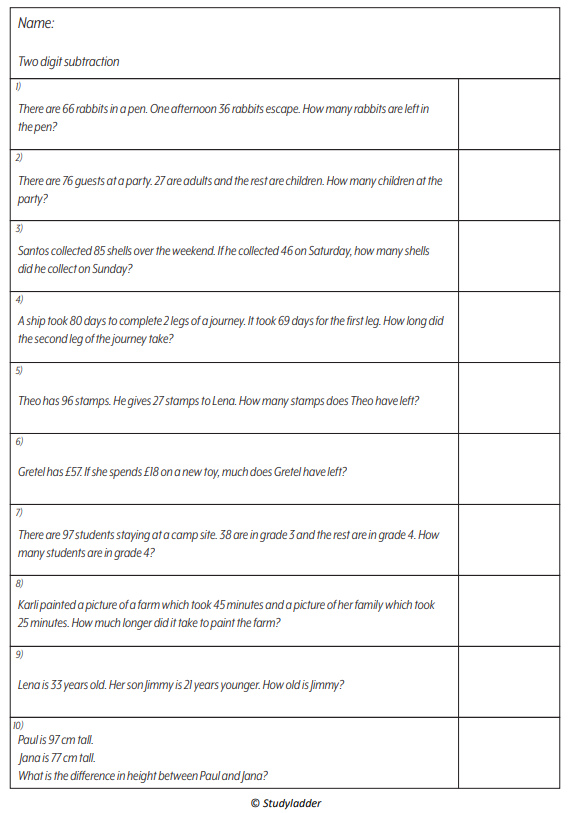 Subtracting two digit numbers (problem solving) - Studyladder Interactive Learning Games