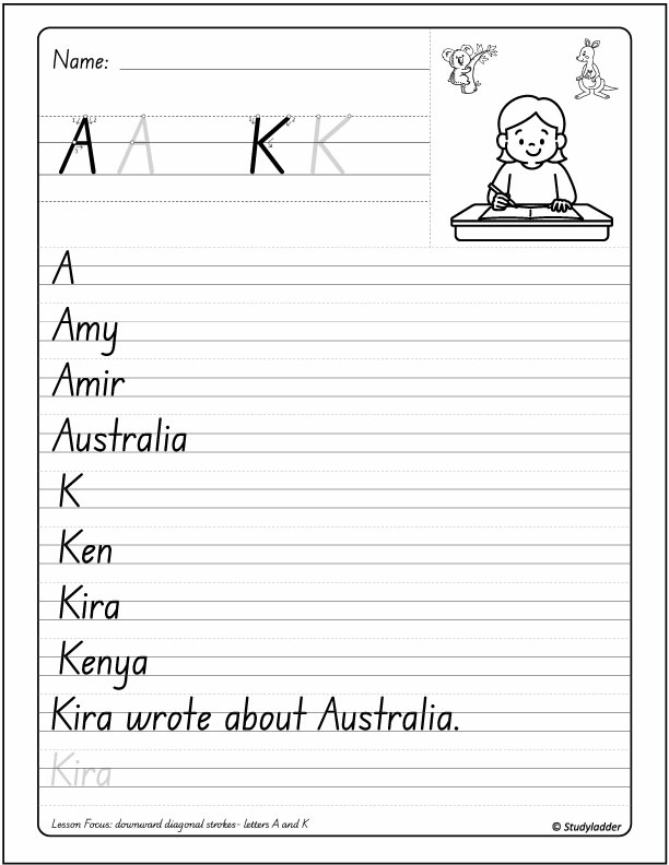 Downward Diagonal Strokes Letters: A and K (NSW, ACT) - Studyladder ...