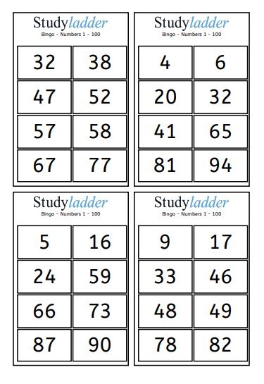 Bingo Numbers 1 100 Game Cards Studyladder Interactive Learning Games