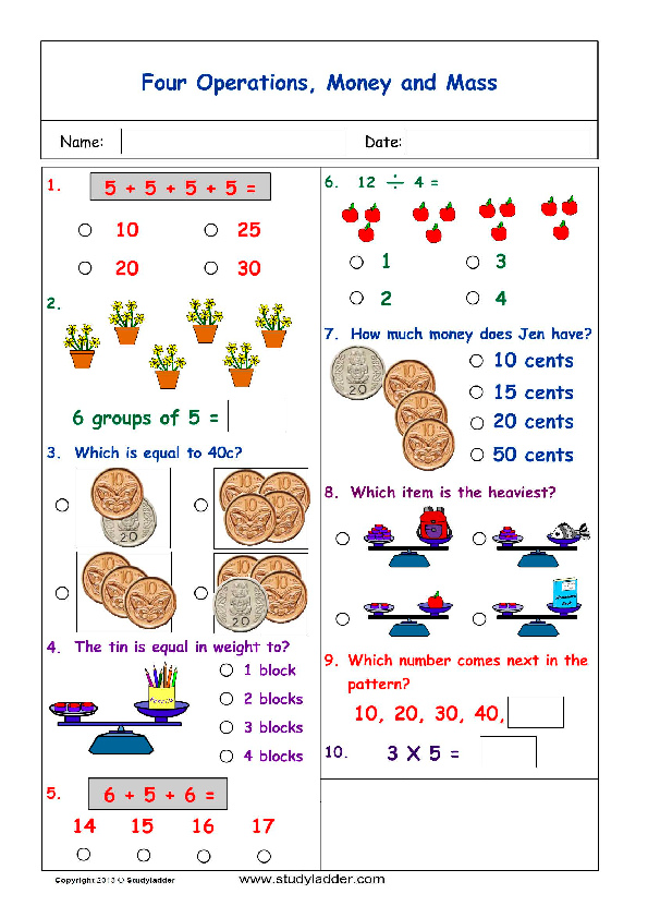 Four operations, money and mass - Studyladder Interactive Learning Games