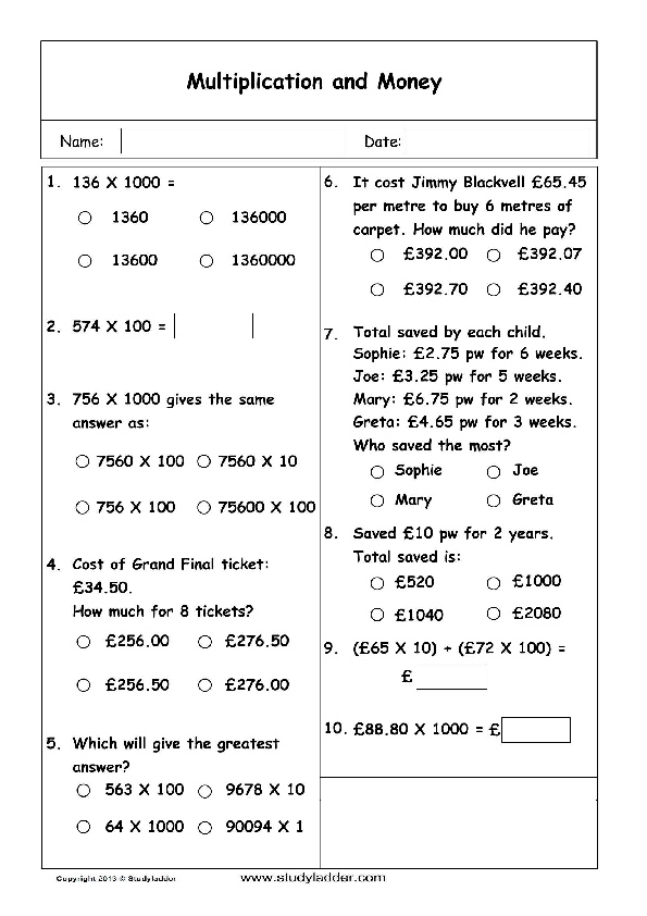 Multiplication and money - Studyladder Interactive Learning Games