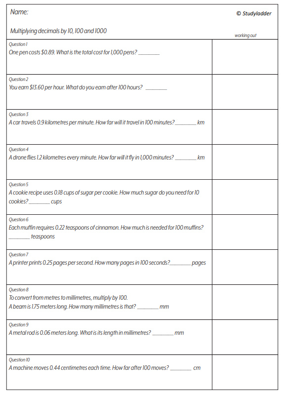Multiplying decimals by 10, 100 and 1000 - problem solving ...