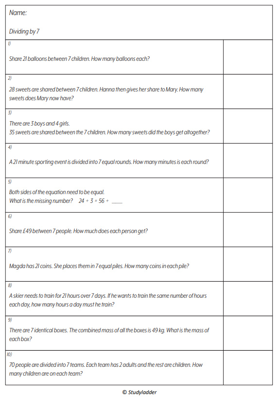Dividing by 7 (problem solving) - Studyladder Interactive Learning Games