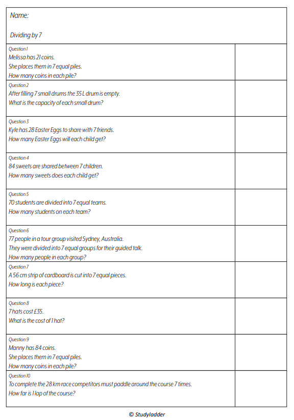 Dividing by 7 (problem solving) - Studyladder Interactive Learning Games