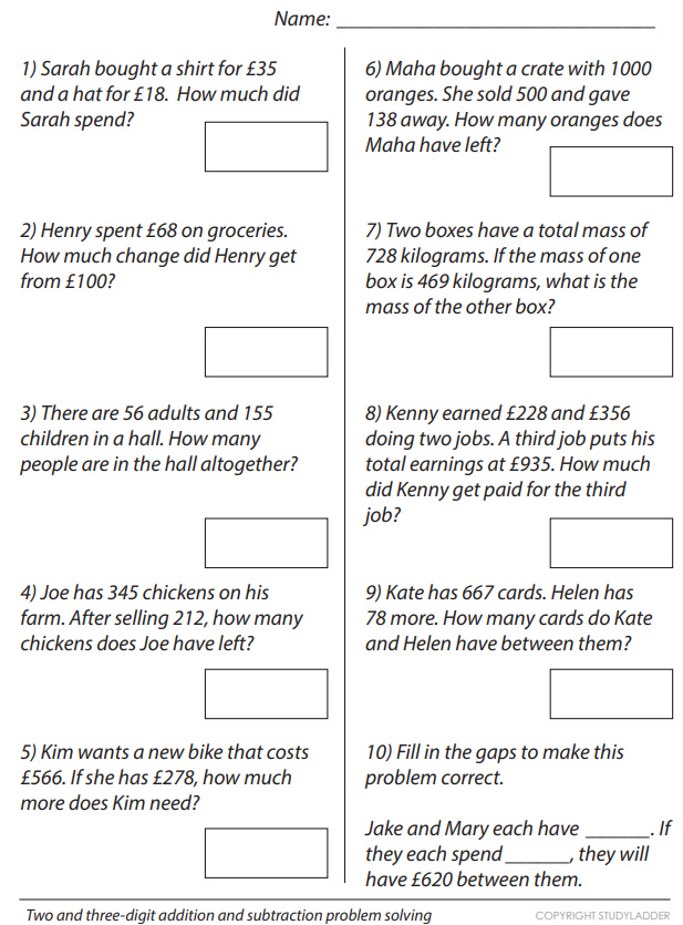 Two and three digit addition and subtraction problem solving - Studyladder Interactive Learning ...
