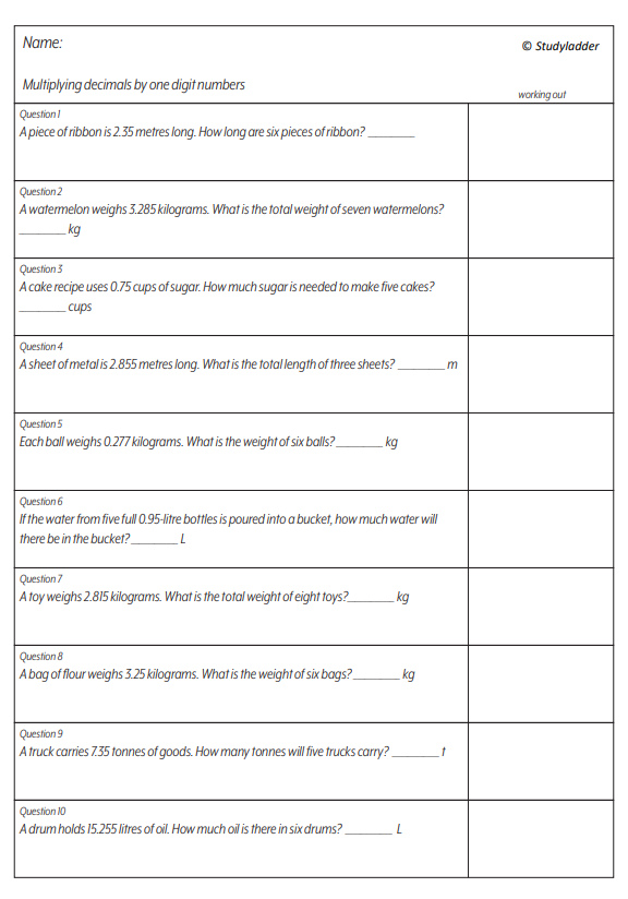 Multiplying decimals by one-digit numbers - Studyladder Interactive ...