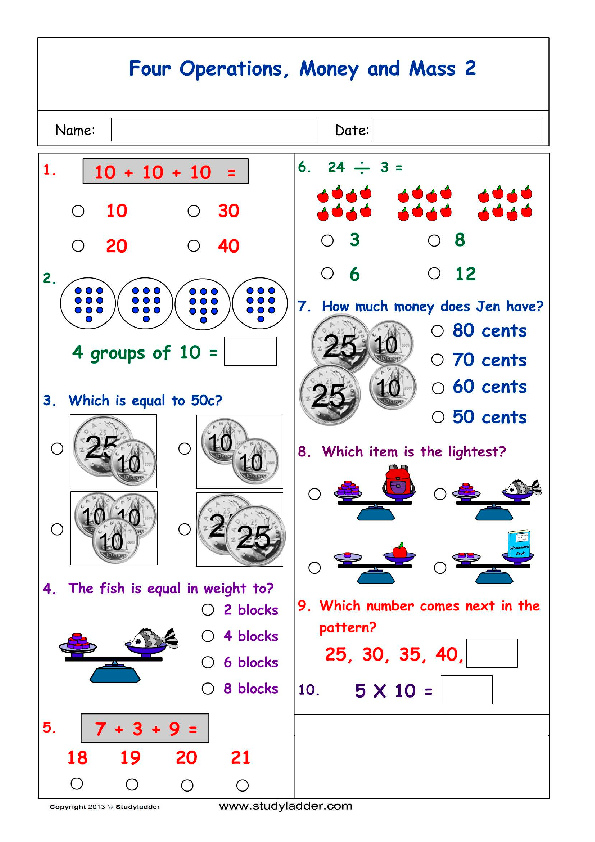 Four operations, money and mass - Studyladder Interactive Learning Games