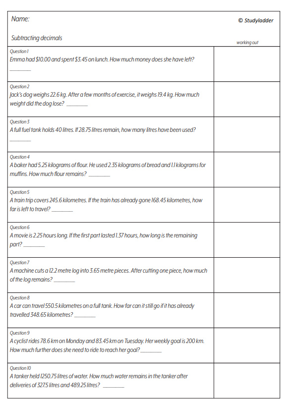 Subtracting decimals - problem solving - Studyladder Interactive ...