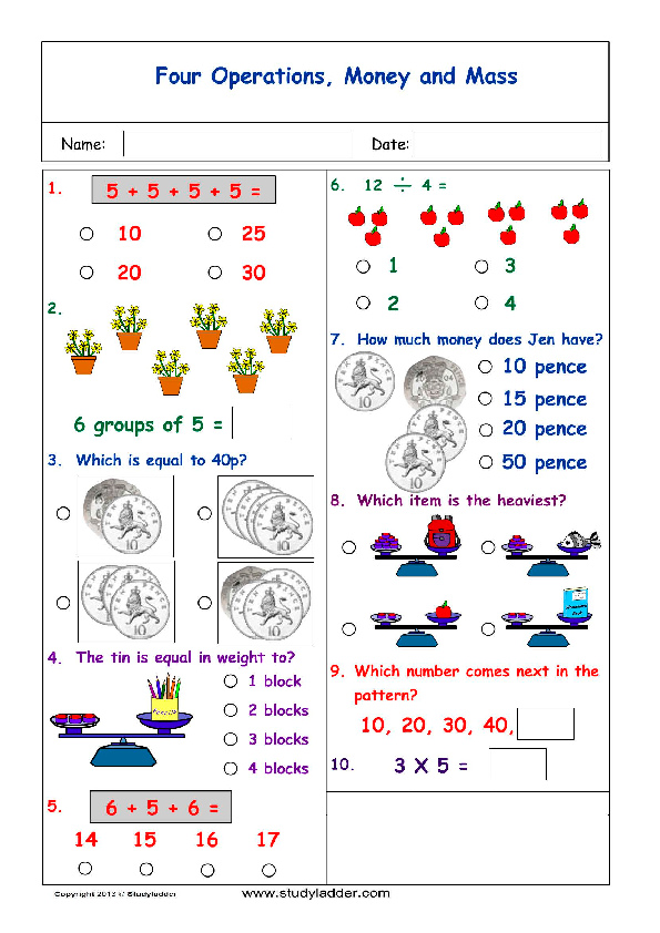 Four operations, money and mass - Studyladder Interactive Learning Games