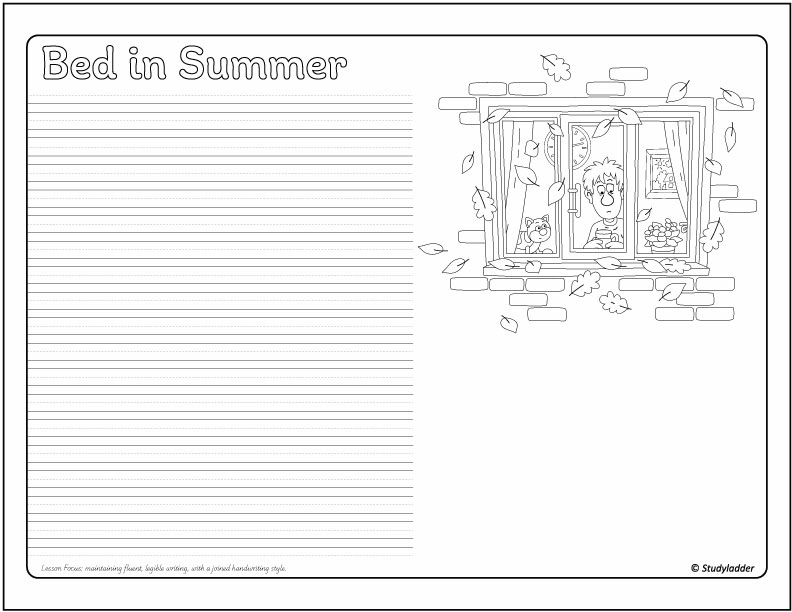 Bed In Summer - Handwriting Sheet - Studyladder Interactive Learning Games