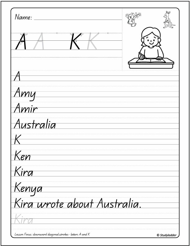Downward Diagonal Strokes Letters: A and K (Qld) - Studyladder ...
