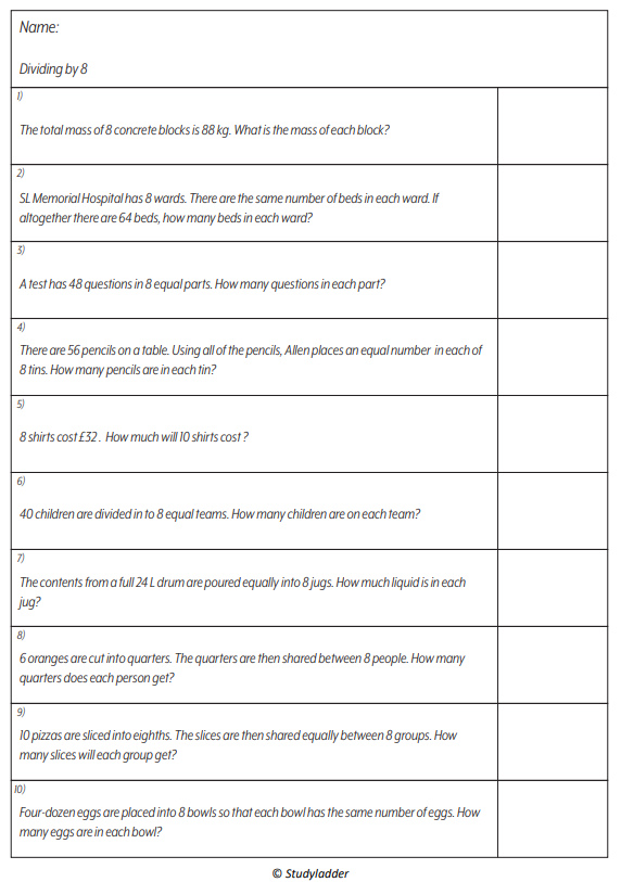 Dividing by 8 (problem solving) - Studyladder Interactive Learning Games