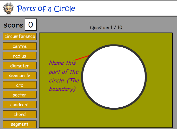Parts of a circle, Mathematics skills online, interactive activity lessons