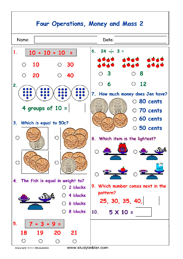 Four operations, money and mass - Studyladder Interactive Learning Games