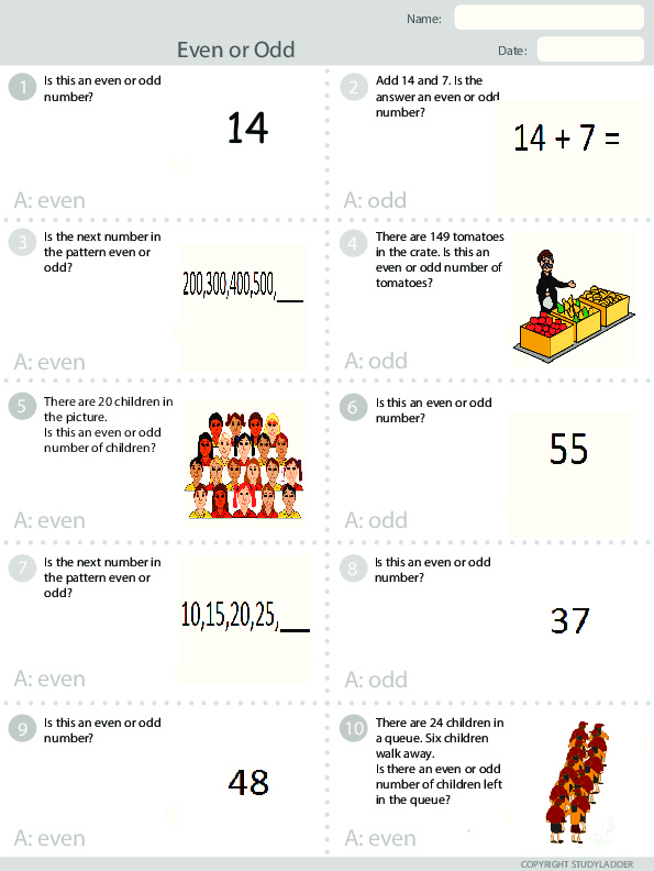 Even or Odd numbers Answer sheet, Mathematics skills online ...