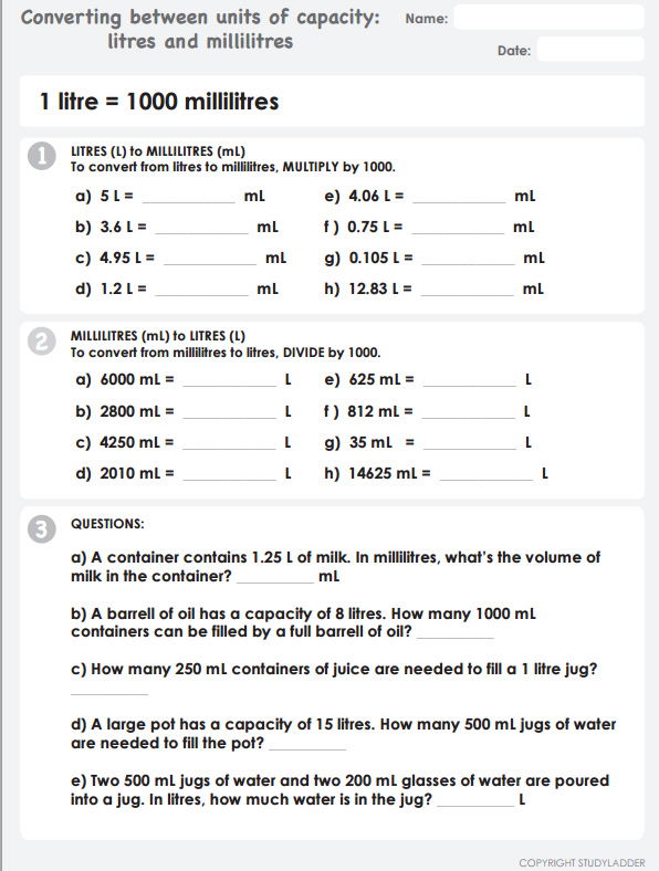 Converting Between Units Of Volume Millilitres And Litres Converting Between Units Of Volume Millilitres And Litres
