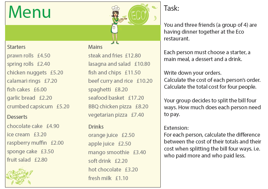 Ordering from a menu - total cost - Studyladder Interactive Learning Games