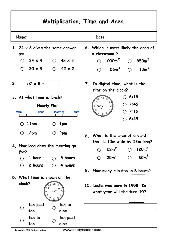 Multiplication, time and area - Studyladder Interactive Learning Games