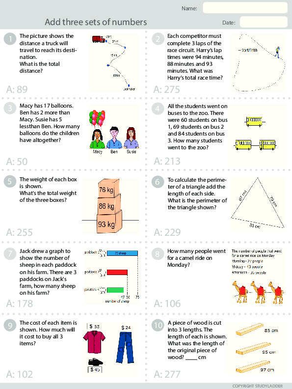Adding Three Numbers problem Solving Answer Sheet Studyladder